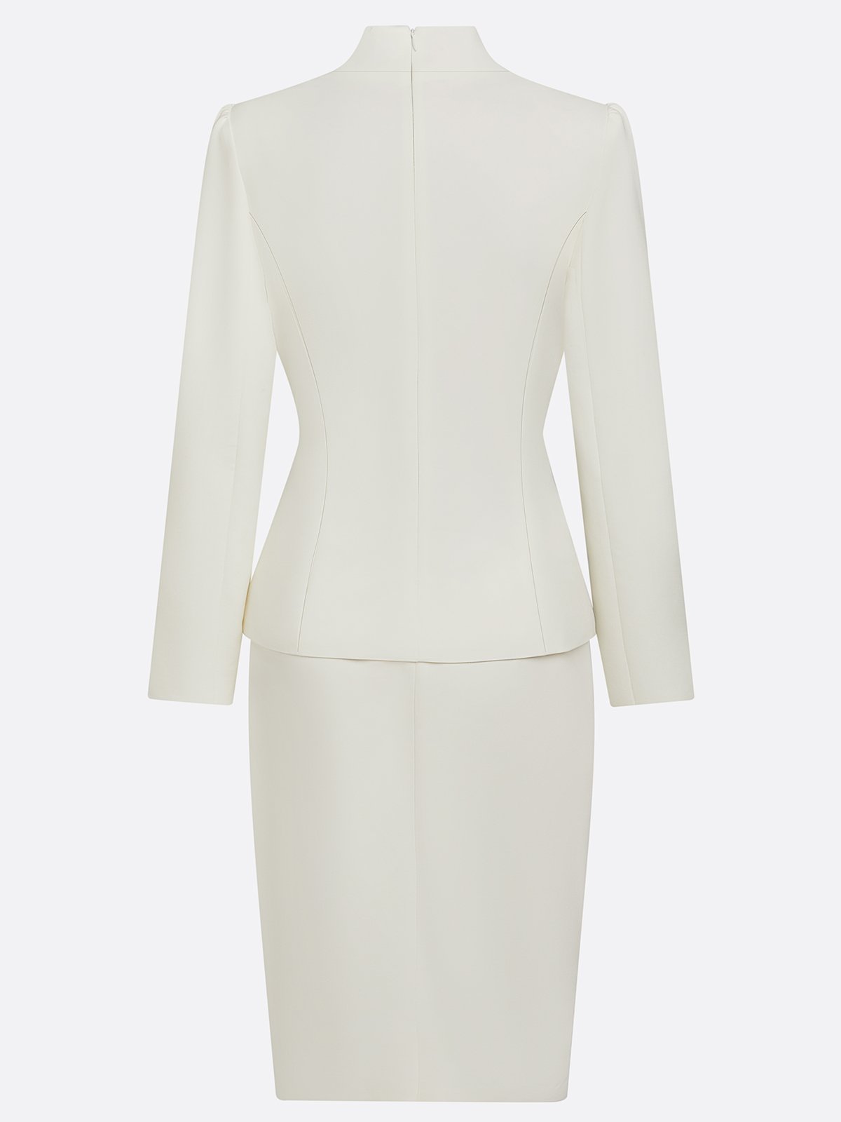 Women White Buckle V Neck Long Sleeve Dressy Coat With Skirt Two-Piece ...