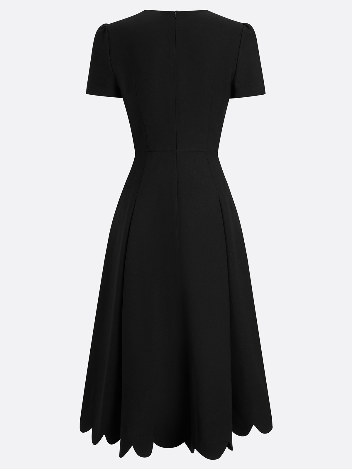 Black Asymmetric Classic Scalloped Square Neck Short Sleeve A-Line Midi ...