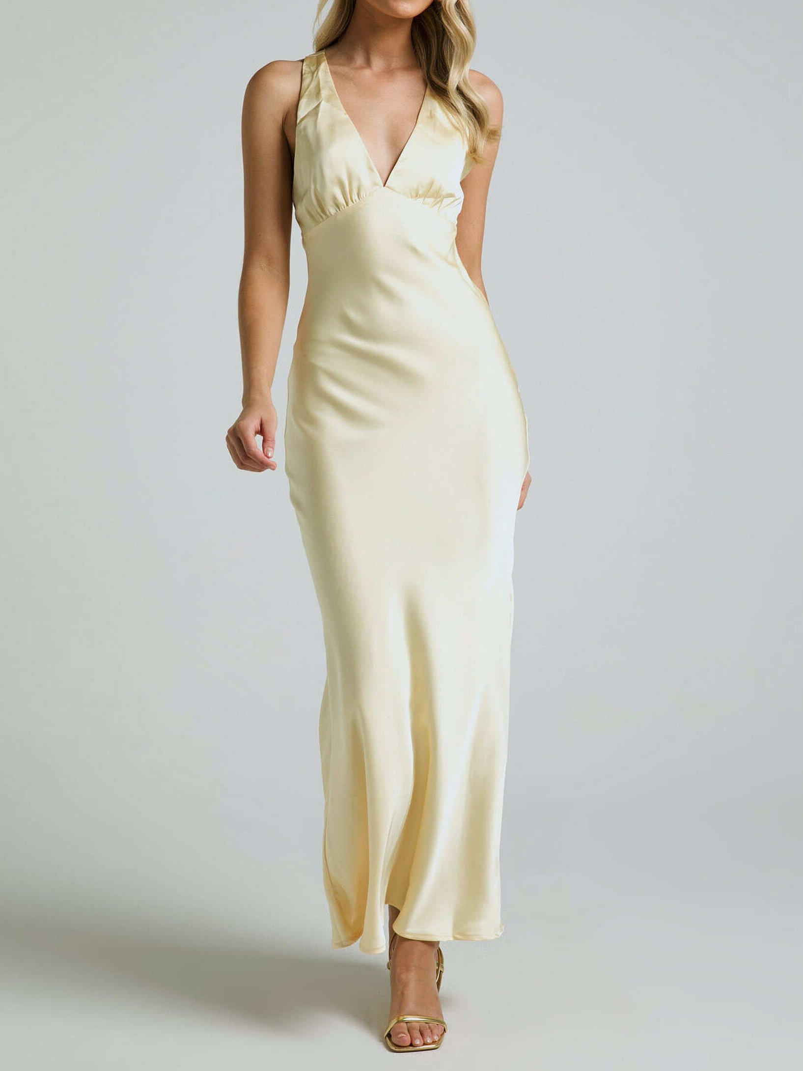 Urban Regular Fit Ruched Midi Dress Deep V Neck Silk Satin Slip Dress
