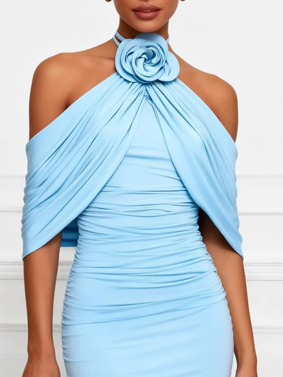 Light Blue Ruched 3D Floral Knit Halter Sleeveless Off Shoulder Sleeve ...