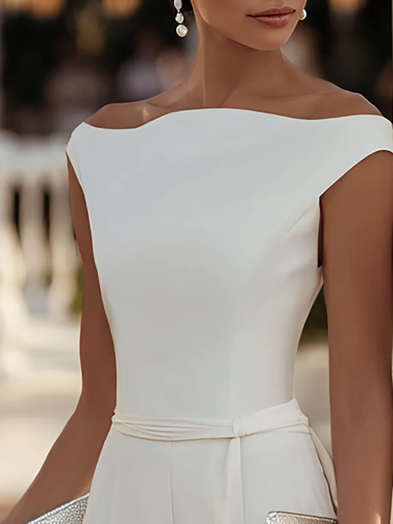 Women White Pleated Asymmetrical Short Sleeve Elegant Jumpsuit | fehaute