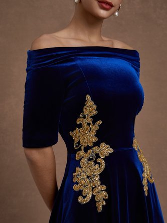 Deep Blue Applique Gathered Velvet Off The Shoulder Half Sleeve A-Line ...