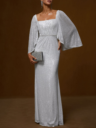 Silver Rhinestone Sequin Square Neck Three Quarter Sleeve Sheath Gown ...