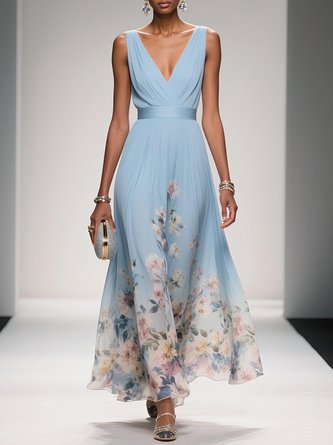 Light Blue Floral Chiffon V Neck Sleeveless A-Line Maxi Dress | fehaute