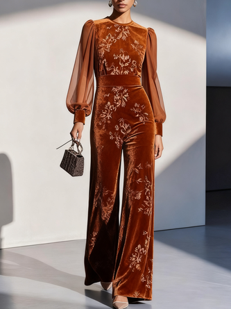 Women Caramel Jacquard Mesh Crew Neck Long Sleeve Balloon Sleeve Dressy ...