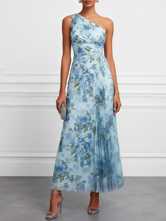 Light Blue Floral Pleated Chiffon One Shoulder Sleeveless A-Line Maxi ...