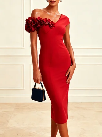 Red 3D Floral Classic Asymmetrical Sleeveless Sheath Midi Dress | fehaute